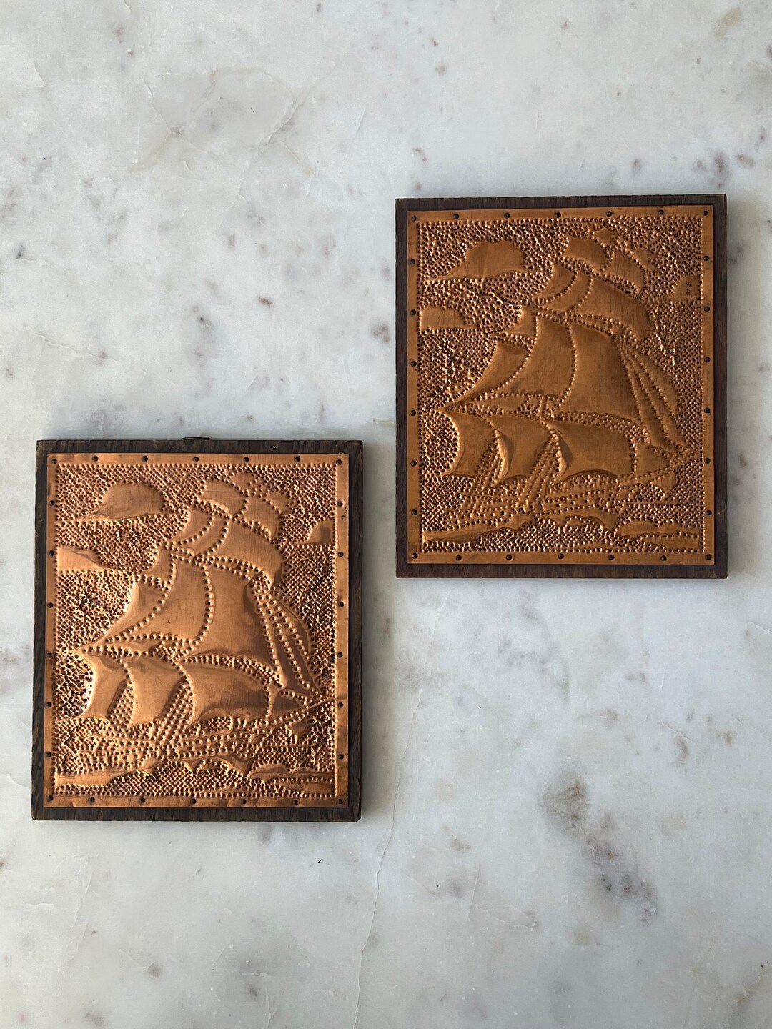 Vintage Hammered Perforated Copper Wall Plaques of Ships Pair MCM Mid ...
