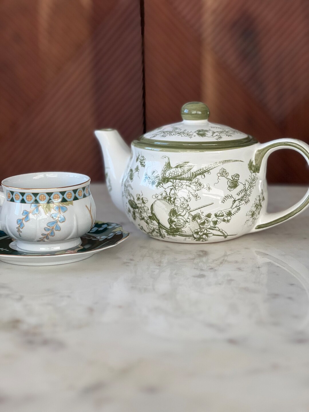 Vintage Transferware Green Pheasant Floral Tea Pot - Etsy