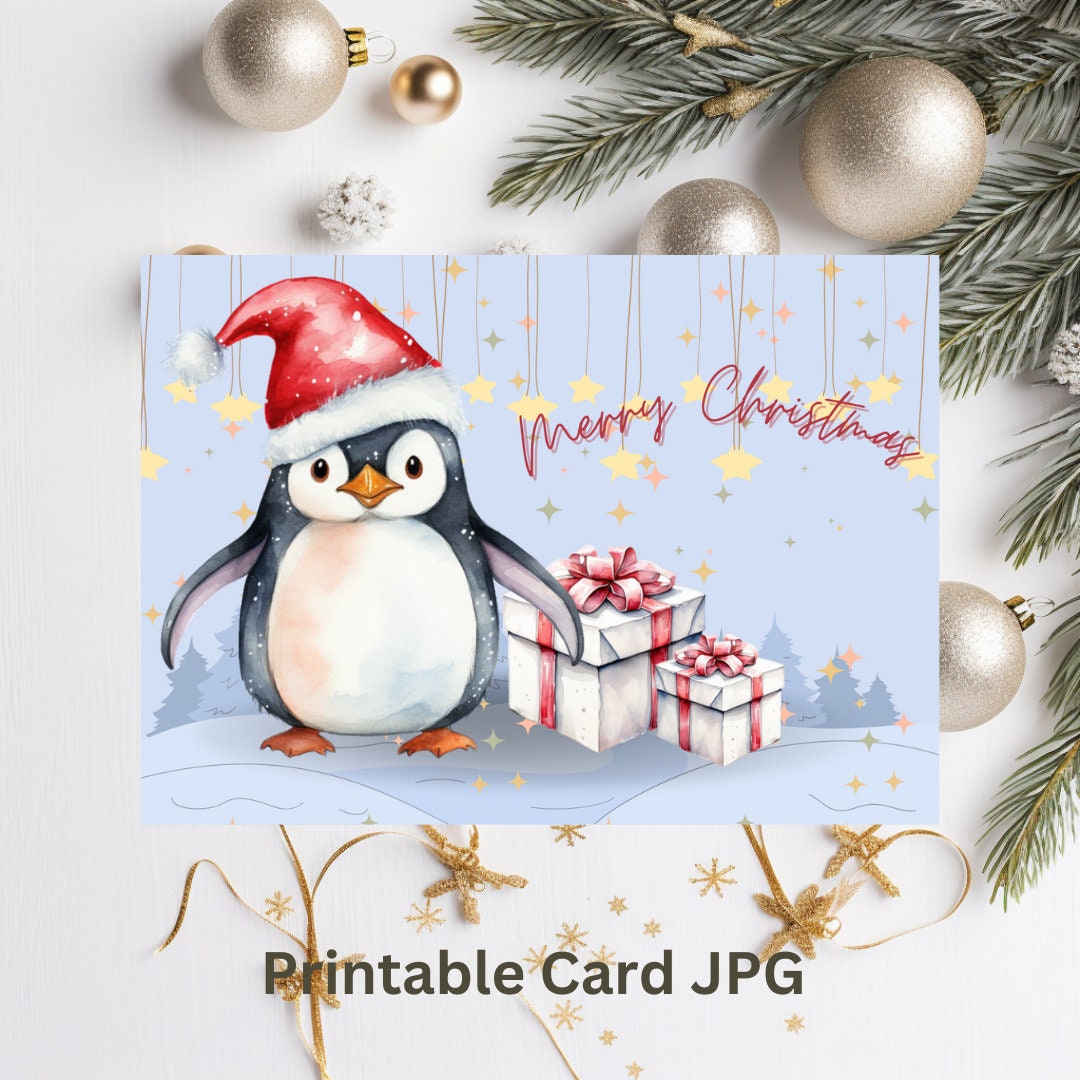 Penguin Christmas Digital Stationary, Christmas Card and Gift Tag ...