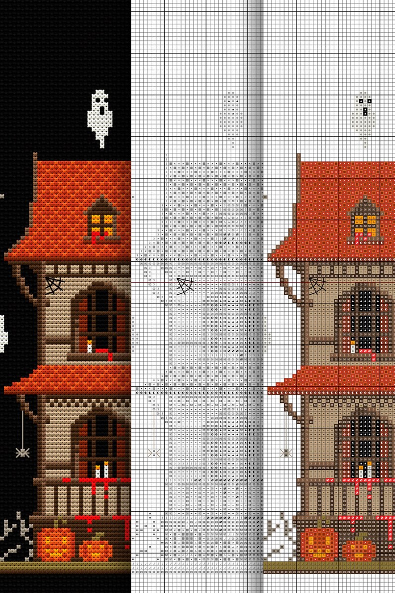 Haunted House Cross Stitch Pattern for Beginners, Halloween Scary Cross ...