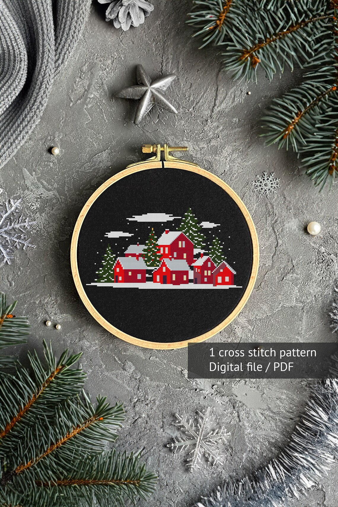 Christmas Small Village Cross Stitch Pattern, Christmas Tree Embroidery ...