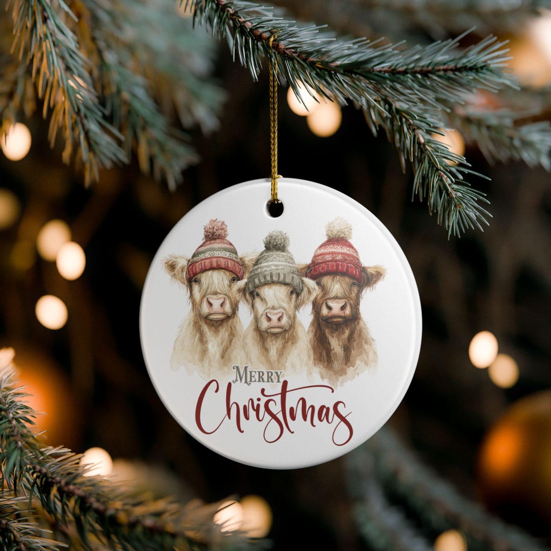 Three Highland Cows Merry Christmas Ornament | Ceramic Holiday ...