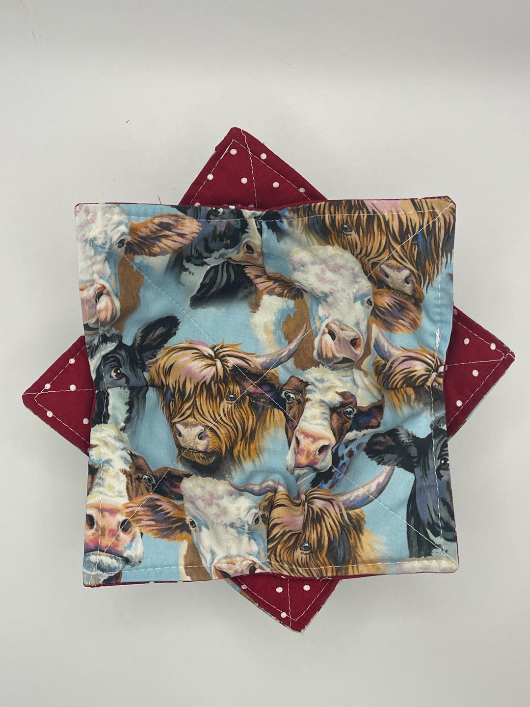 Set Highland Cowbowl Cozy | Cows and Red Polka Dot Reversible Microwave ...