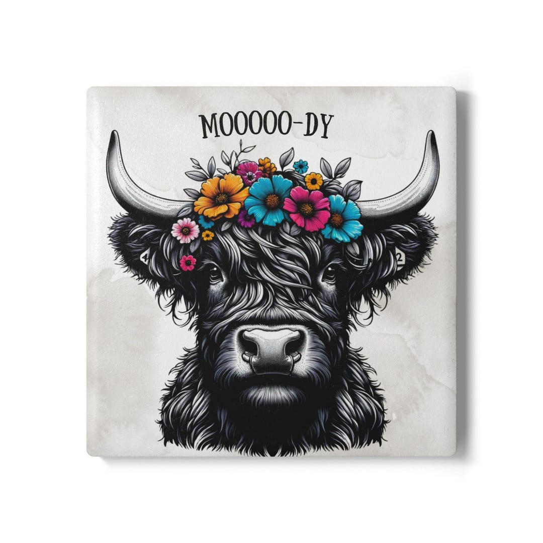 Floral Highland Cow Mooooo-dy Coaster, Ceramic Coaster | Cow Face Drink ...