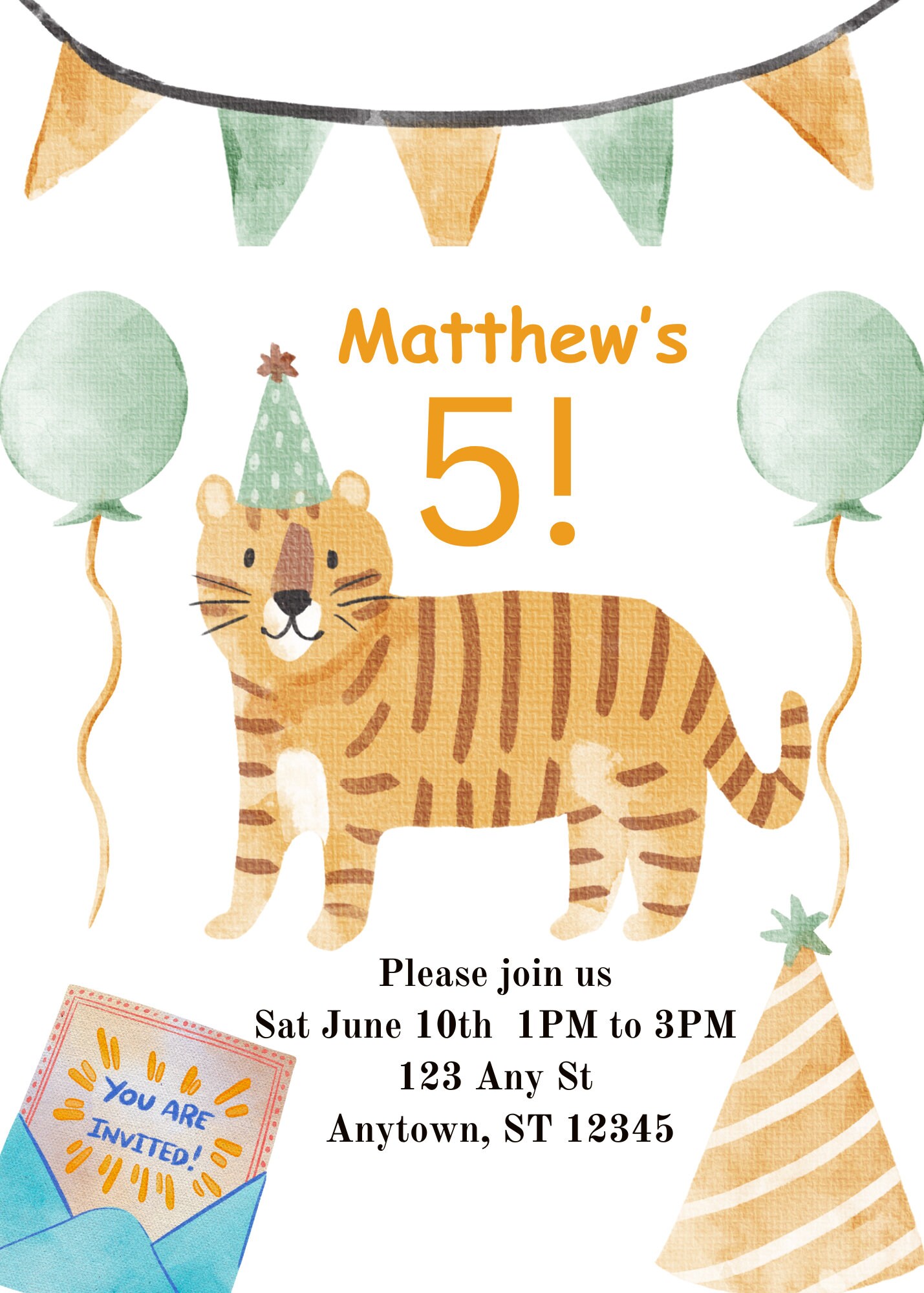 Tiger Birthday Invitation Any Age, Girl or Boy, Fun Cute Animal ...