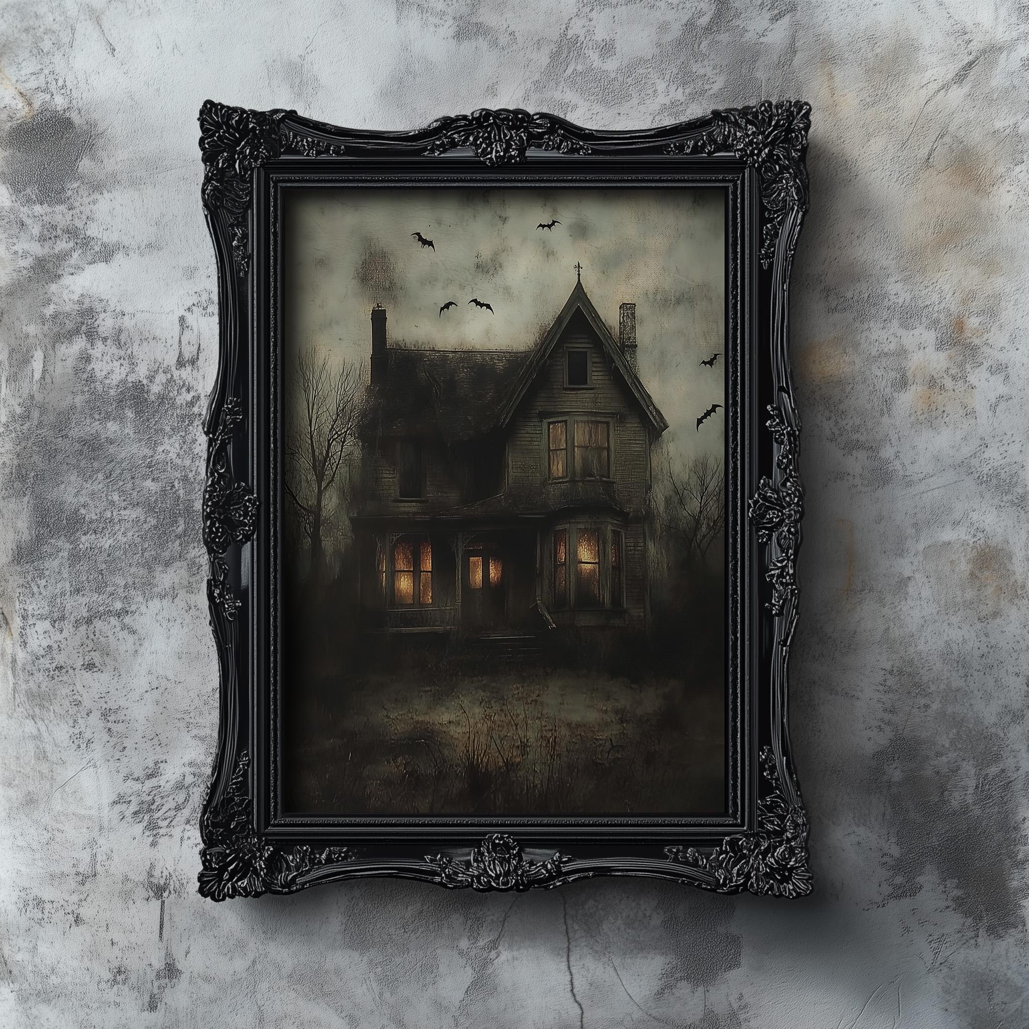 Vintage Haunted House Halloween Print, Spooky Mansion Wall Art, Dark ...