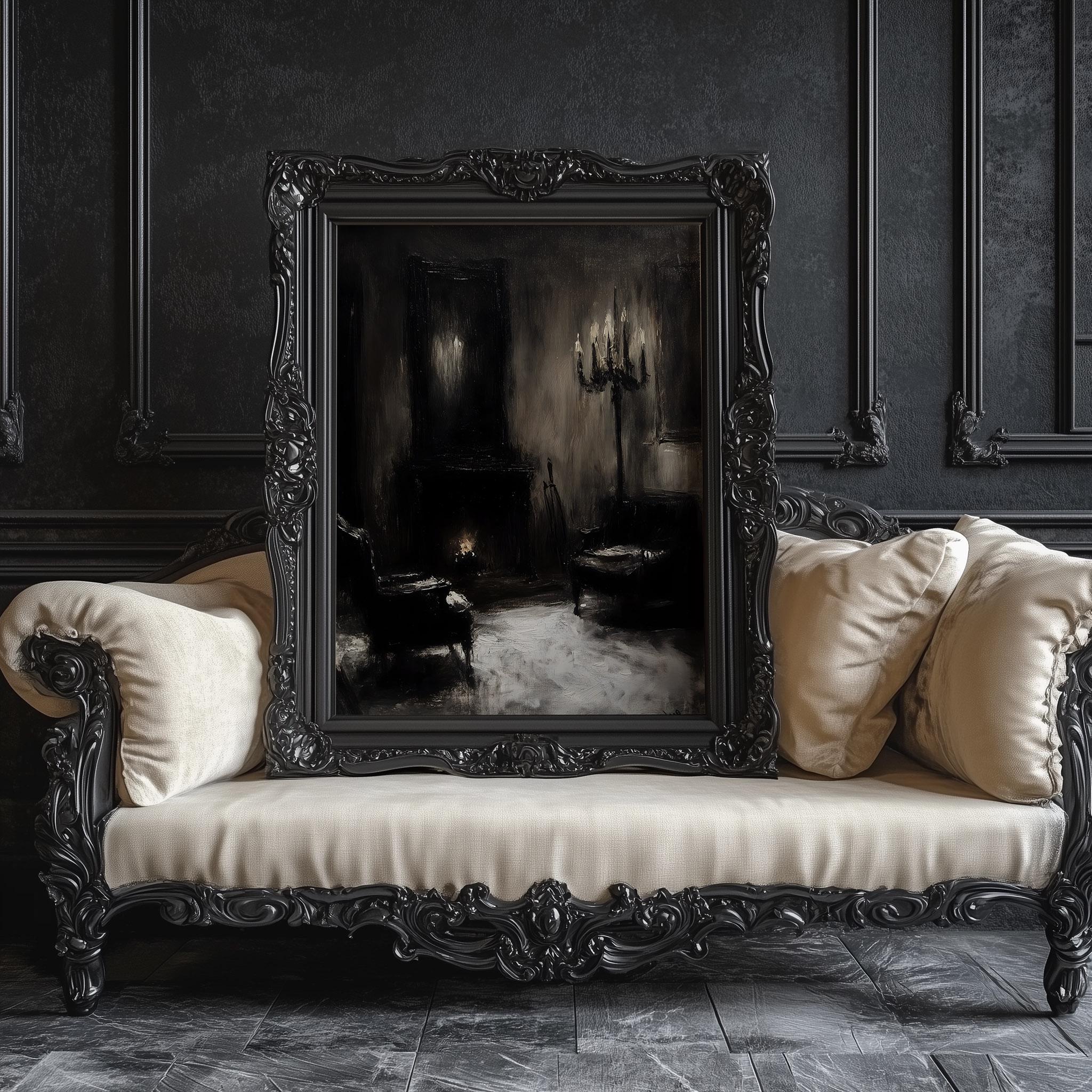 Gothic Living Room Oil Painting: Dark Academia Halloween Decor (digital ...