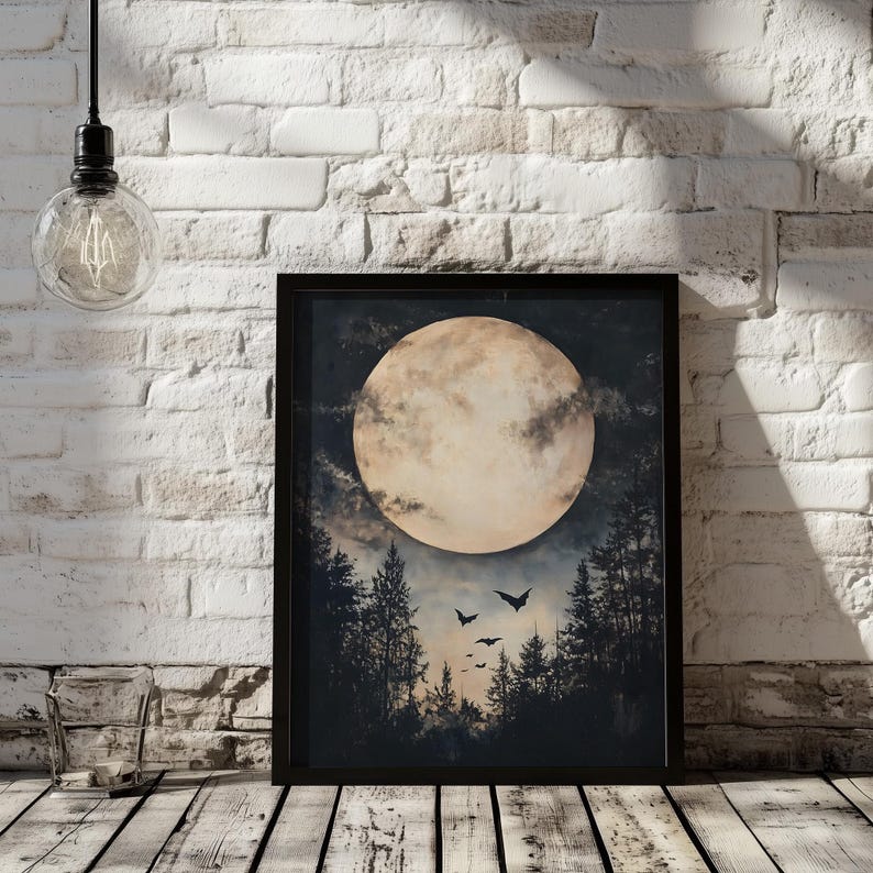 Vintage Autumn Full Moon Halloween Print, Moody Bats in Forest Gothic ...