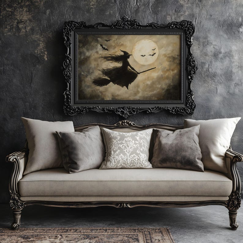 Vintage Witchy Halloween Print, Autumn Flying Witch Art, Antique Dark ...