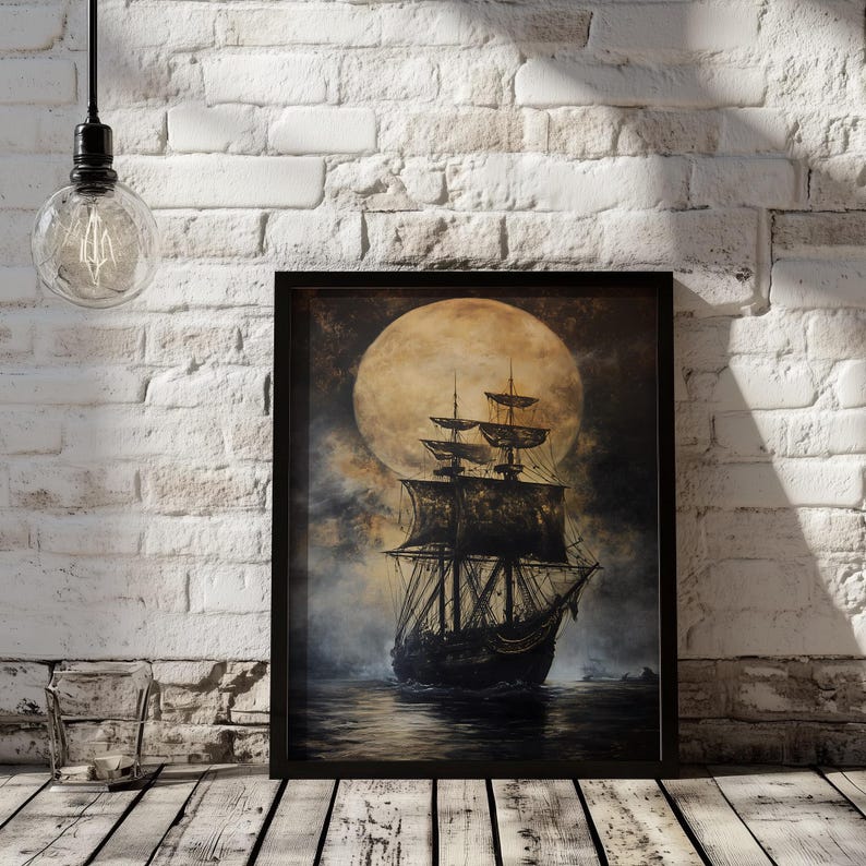 Vintage Ghost Ship Painting, Moody Haunted Ship Sailing at Night Sea ...