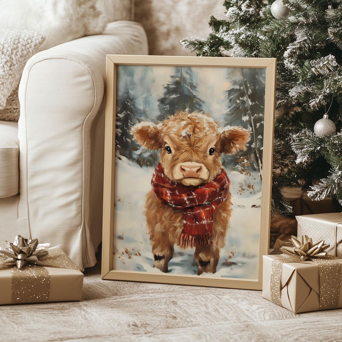Cute Highland Cow Christmas Print, Winter Wonderland Animal Artwork ...
