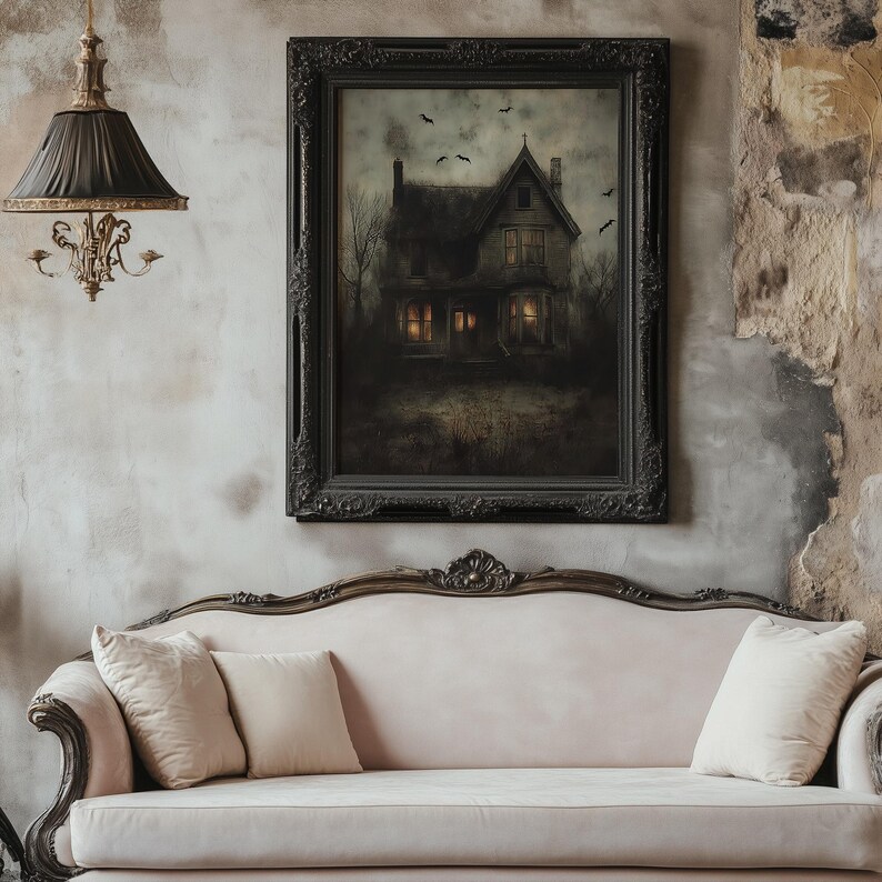 Vintage Haunted House Halloween Print, Spooky Mansion Wall Art, Dark ...