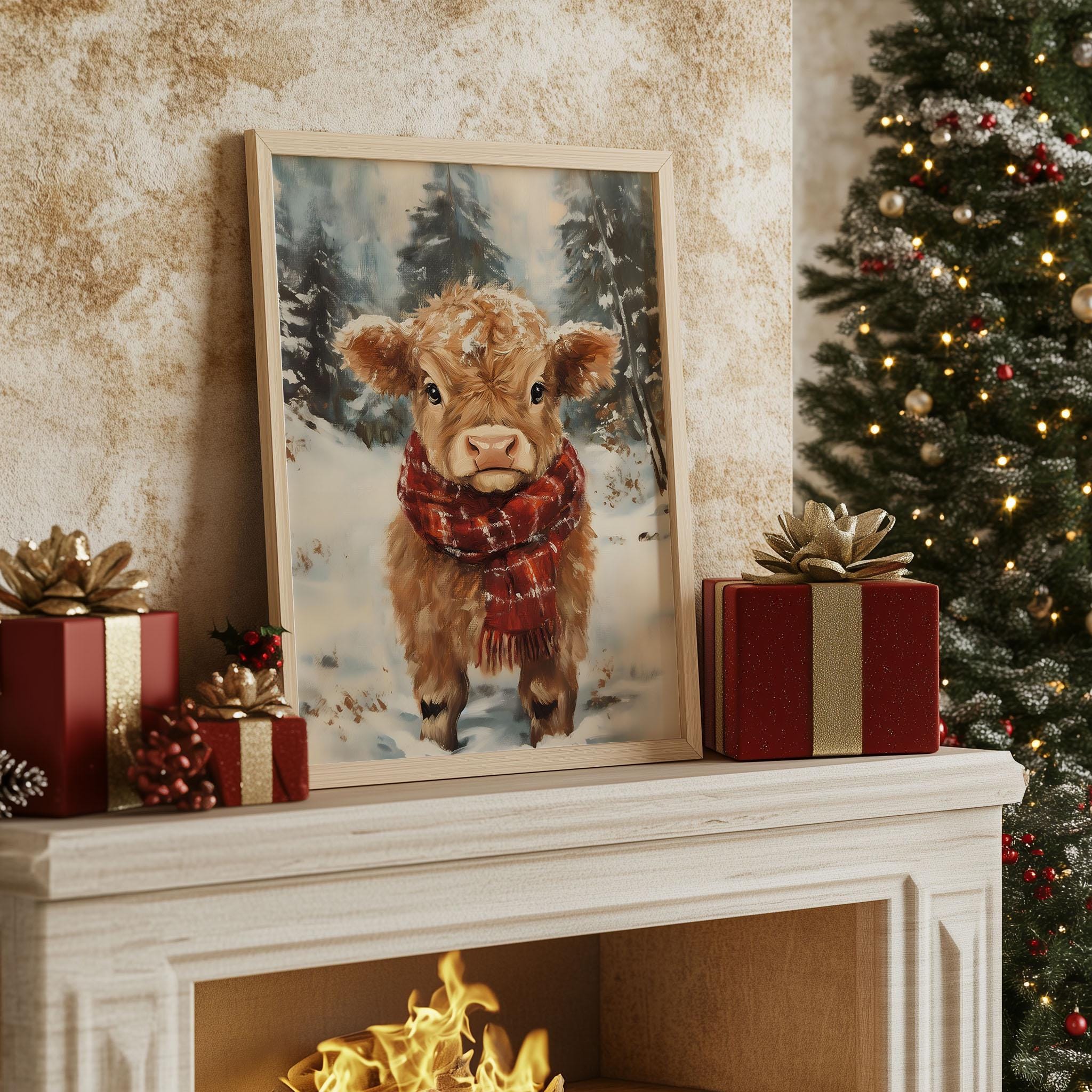 Cute Highland Cow Christmas Print, Winter Wonderland Animal Artwork ...