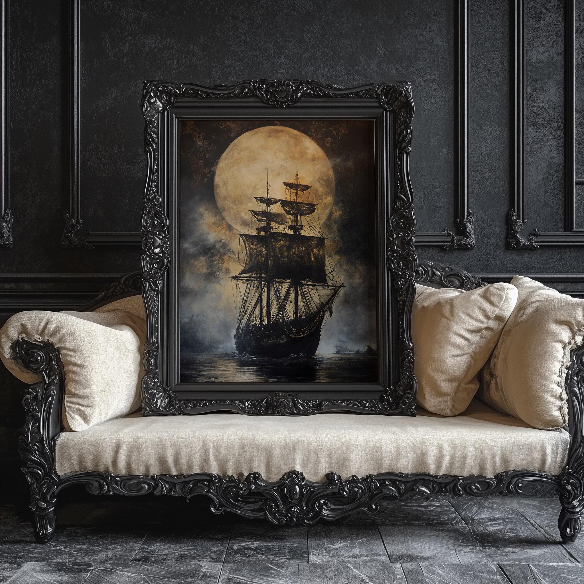 Vintage Ghost Ship Painting, Moody Haunted Ship Sailing at Night Sea ...