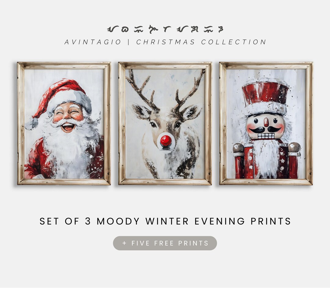 Set of 3 White Christmas Spirit Posters, Whimsy Red Holiday Season Art ...