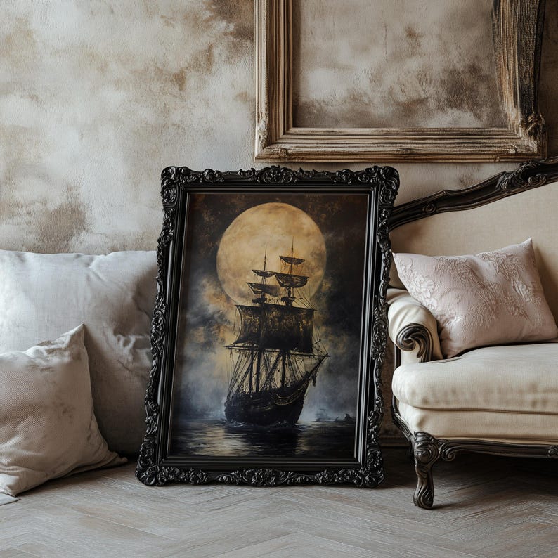 Vintage Ghost Ship Painting, Moody Haunted Ship Sailing at Night Sea ...