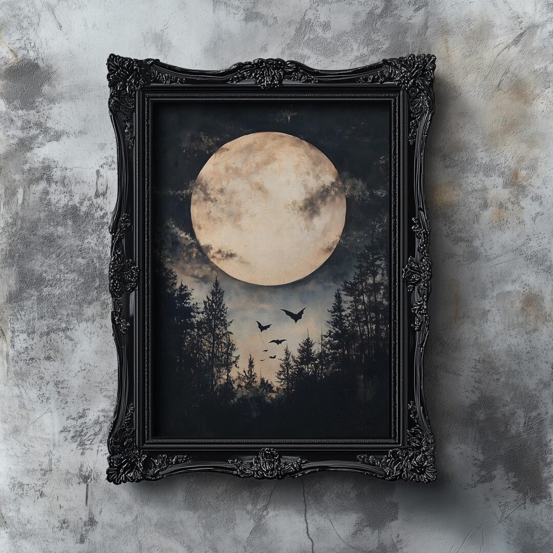 Vintage Autumn Full Moon Halloween Print, Moody Bats in Forest Gothic Art, Dark Academia Decor ...