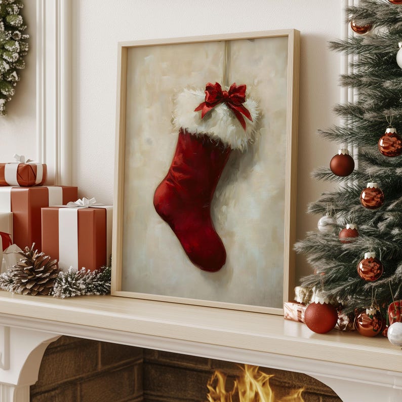 Antique Santa Stocking Oil Painting: Vintage Christmas Print (digital ...