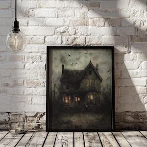 Vintage Haunted House Halloween Print, Spooky Mansion Wall Art, Dark ...