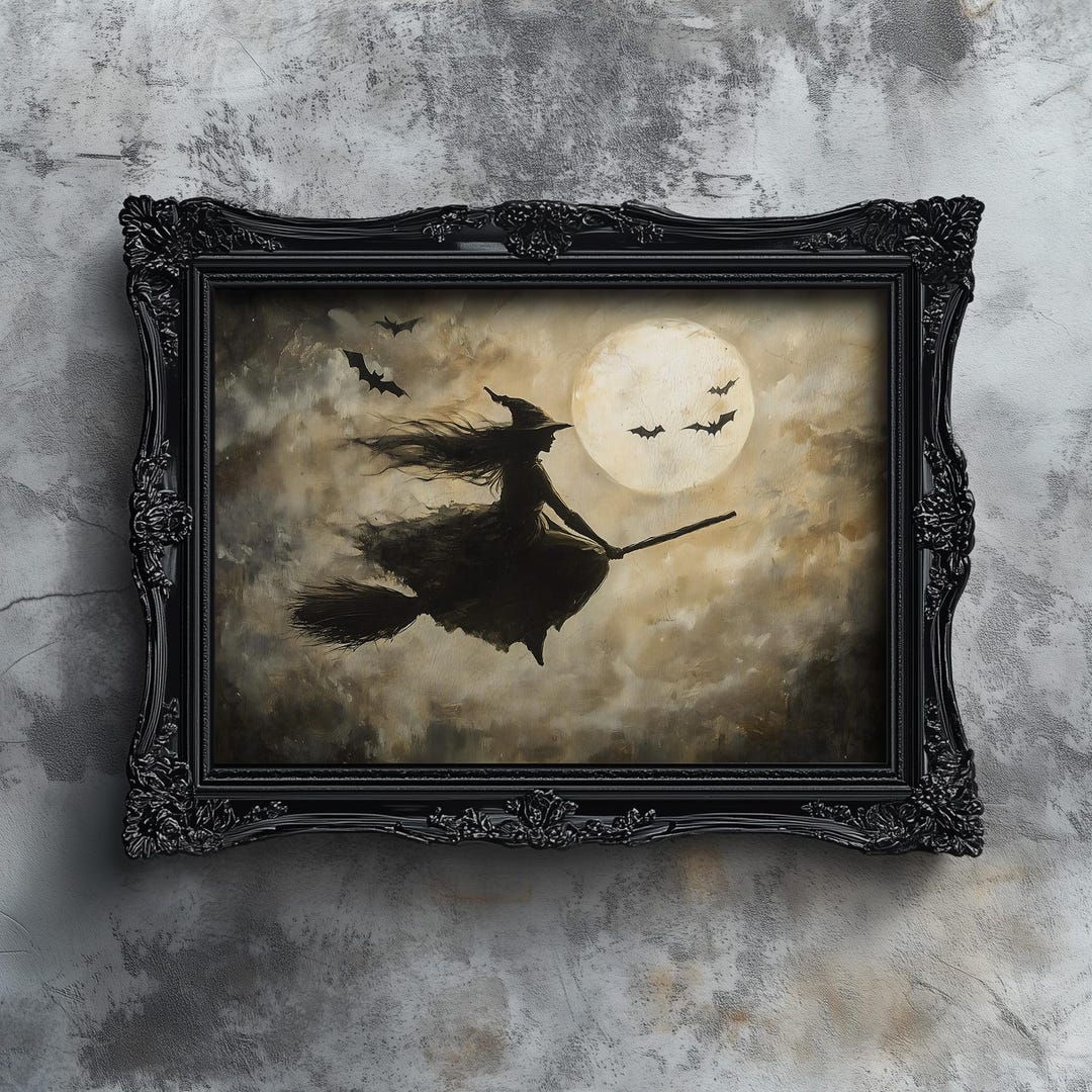 Vintage Witchy Halloween Print, Autumn Flying Witch Art, Antique Dark ...