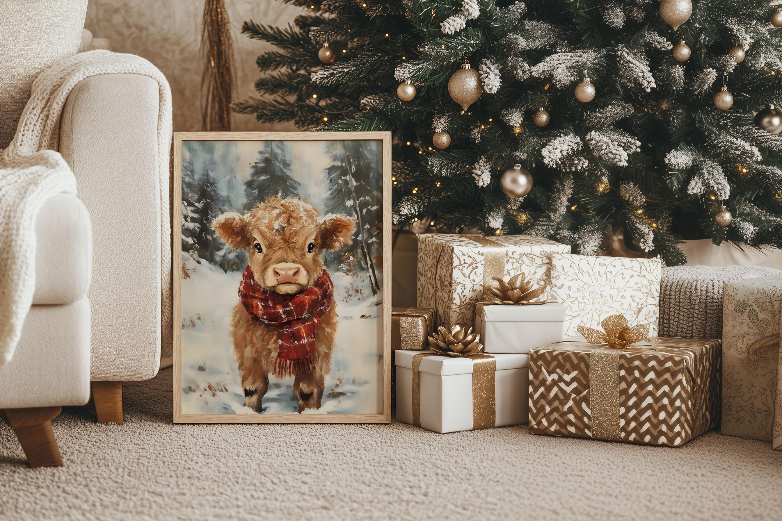 Cute Highland Cow Christmas Print, Winter Wonderland Animal Artwork ...