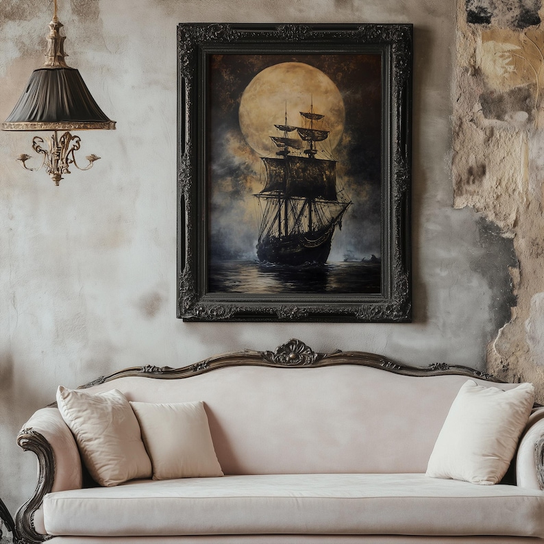 Vintage Ghost Ship Painting, Moody Haunted Ship Sailing at Night Sea ...