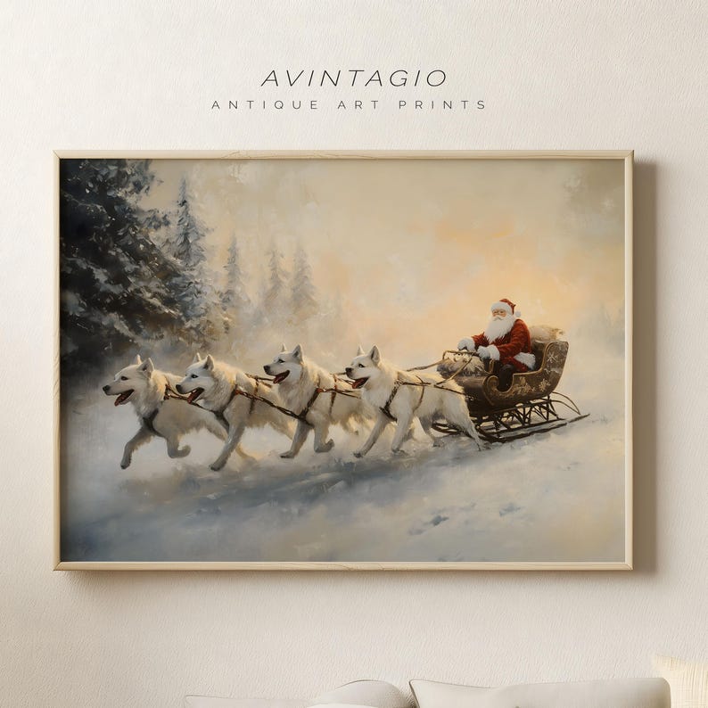 Santa Husky Sleigh Print, Vintage White Christmas Wall Gallery Art ...