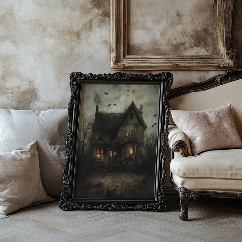 Vintage Haunted House Halloween Print, Spooky Mansion Wall Art, Dark ...