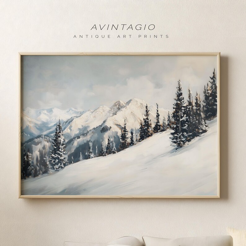 Snowy Mountain Landscape Poster, White Winter Christmas Forest Print, Muted Oil Painting ...