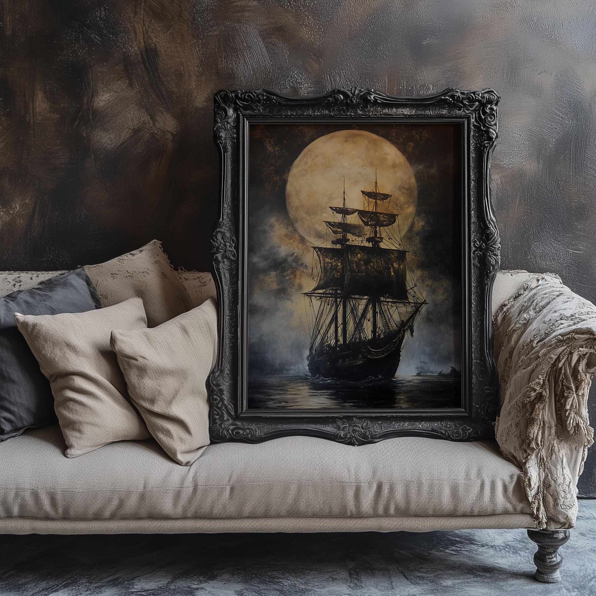 Vintage Ghost Ship Painting, Moody Haunted Ship Sailing at Night Sea ...