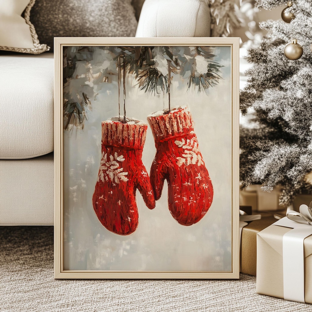Red Christmas Mittens Print, Vintage Holiday Season Gallery Artwork ...
