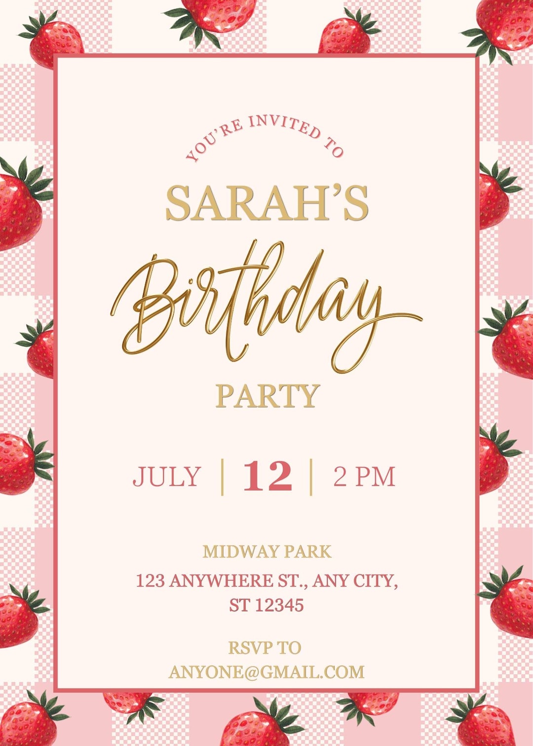 Strawberry Birthday Invitation, Pink Gold Watercolor Party Invite ...