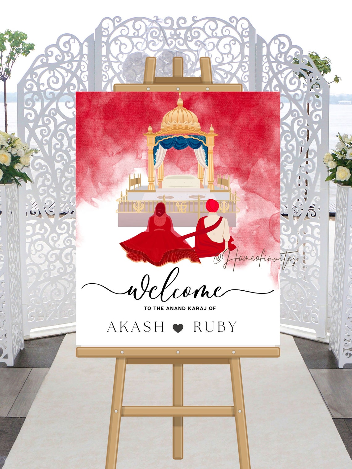 Anand Karaj Welcome Sign With Couple Illustration, Indian Wedding Sign ...