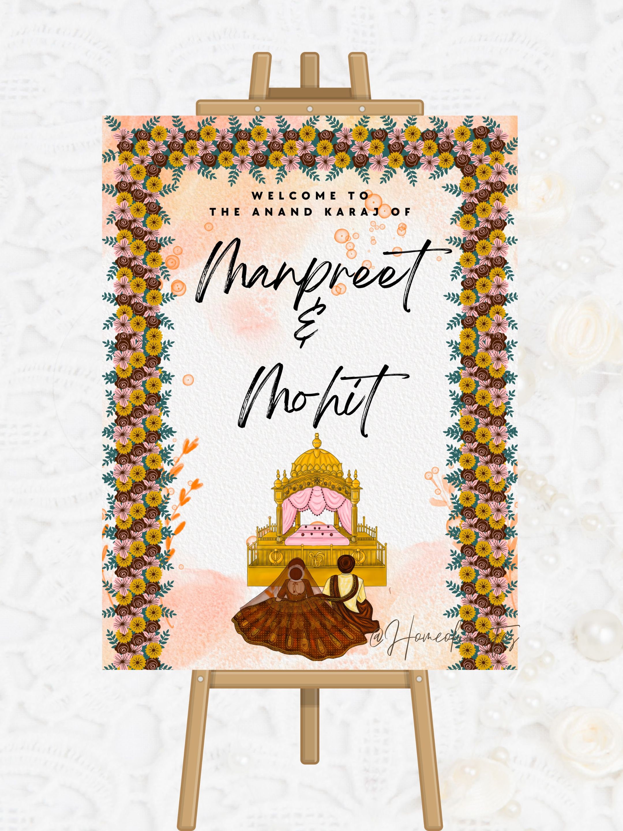 Anand Karaj Welcome Sign With Couple Illustration, Indian Wedding Sign ...