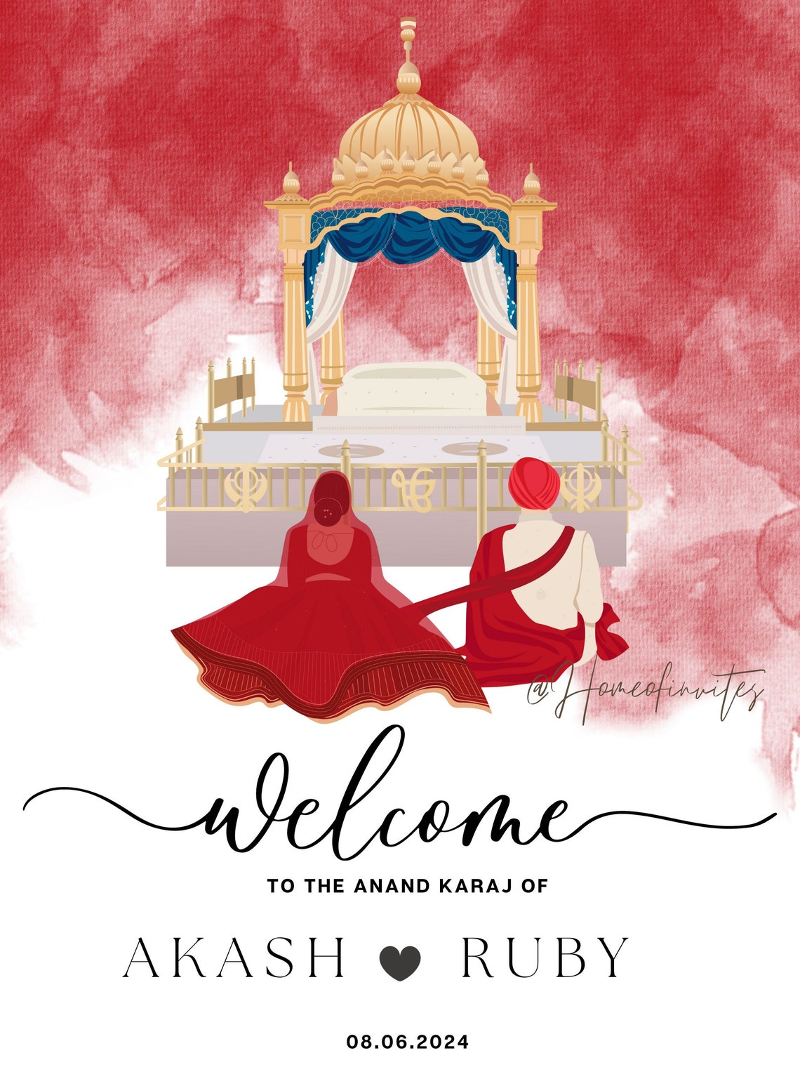 Anand Karaj Welcome Sign With Couple Illustration, Indian Wedding Sign ...