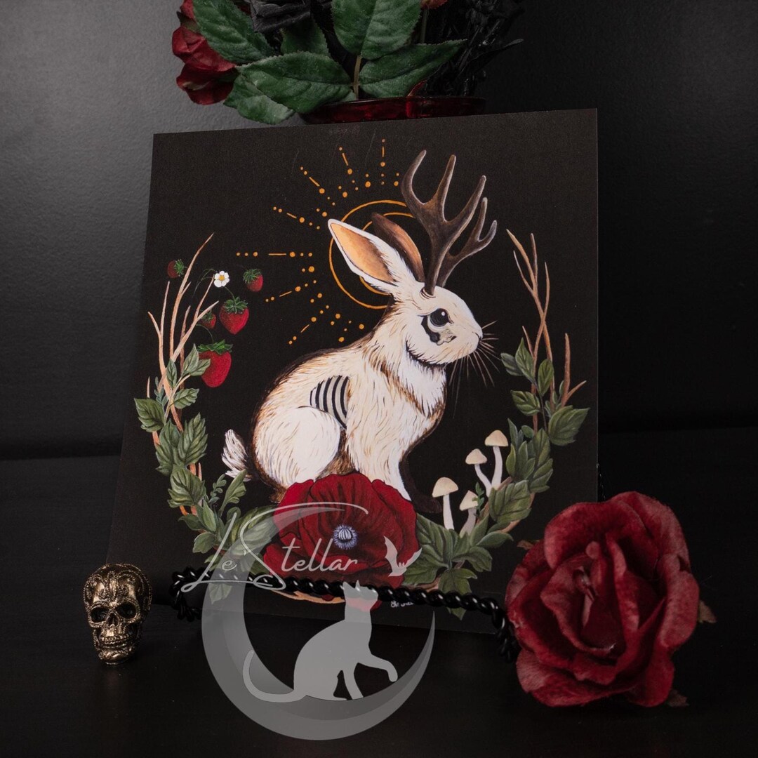 Jackalope Art Print: Cryptid Rabbit, Gothic Dark Cottagecore Decor - Etsy