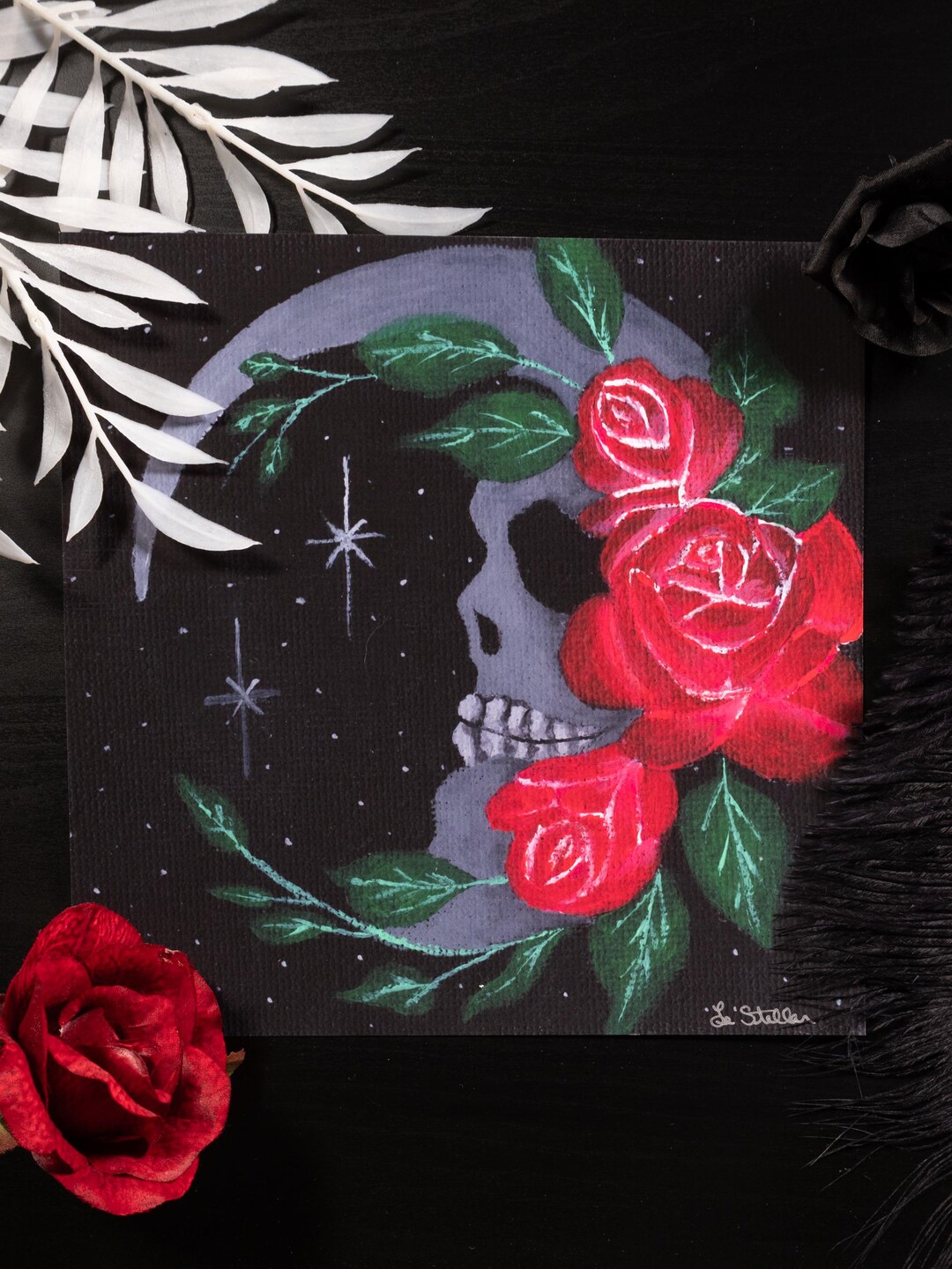 Skull Moon and Roses Wall Art, Gothic Crescent Moon Painting, Dark ...