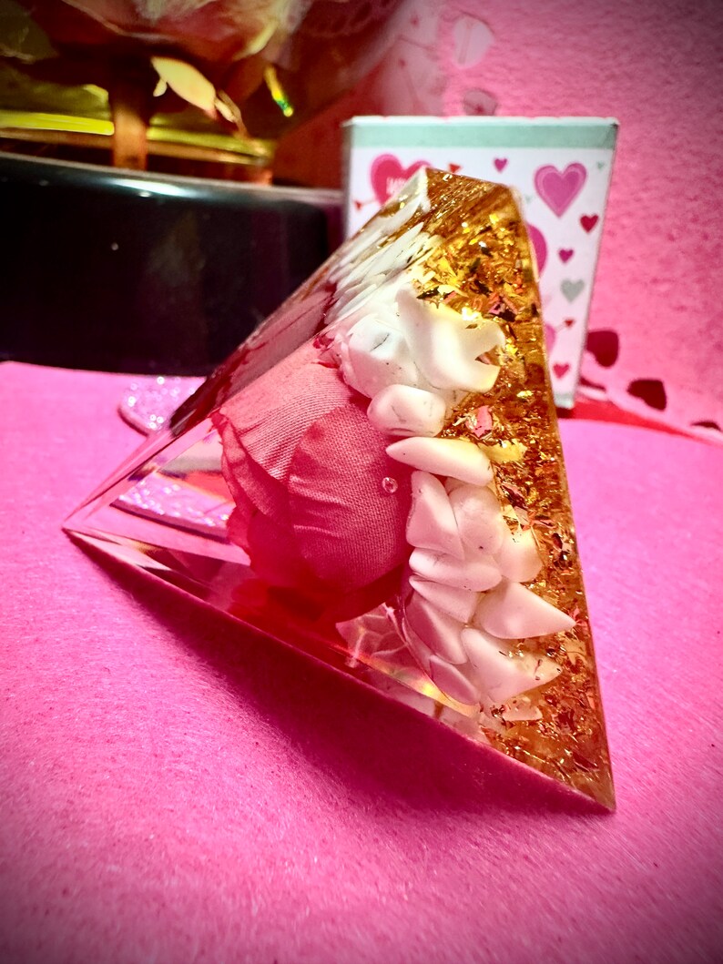 Orgone Glass Pyramid With Rose Resting on White Turquoise Pyrite ...