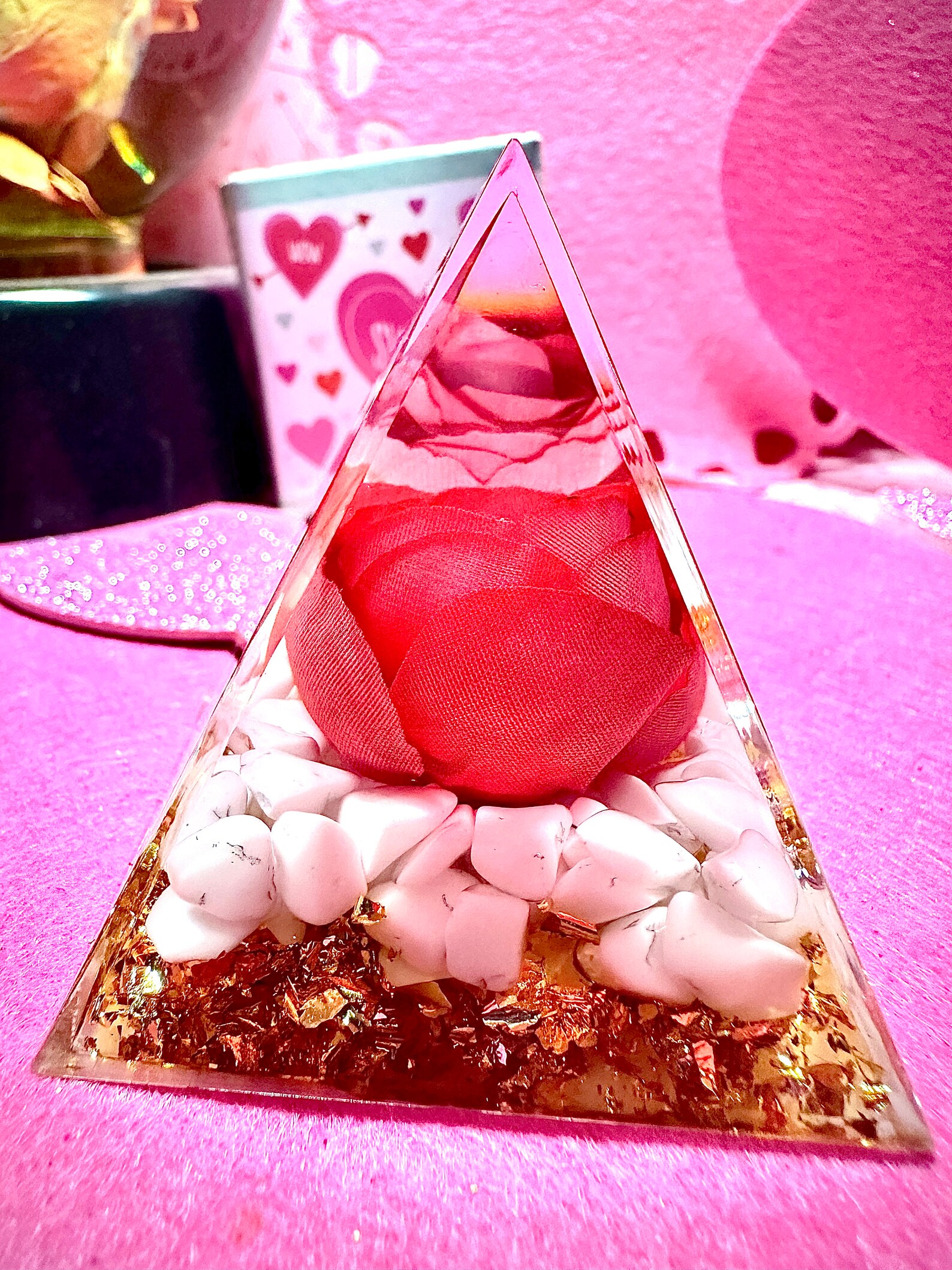 Orgone Glass Pyramid With Rose Resting on White Turquoise Pyrite ...