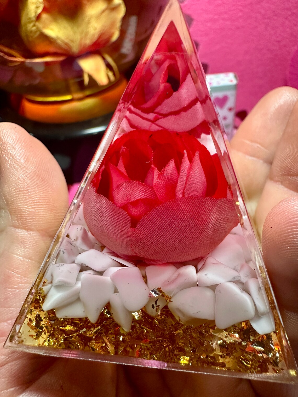 Orgone Glass Pyramid With Rose Resting on White Turquoise Pyrite ...