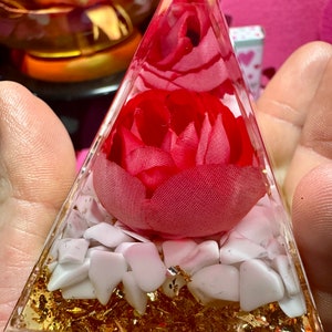 Orgone Glass Pyramid With Rose Resting on White Turquoise Pyrite ...