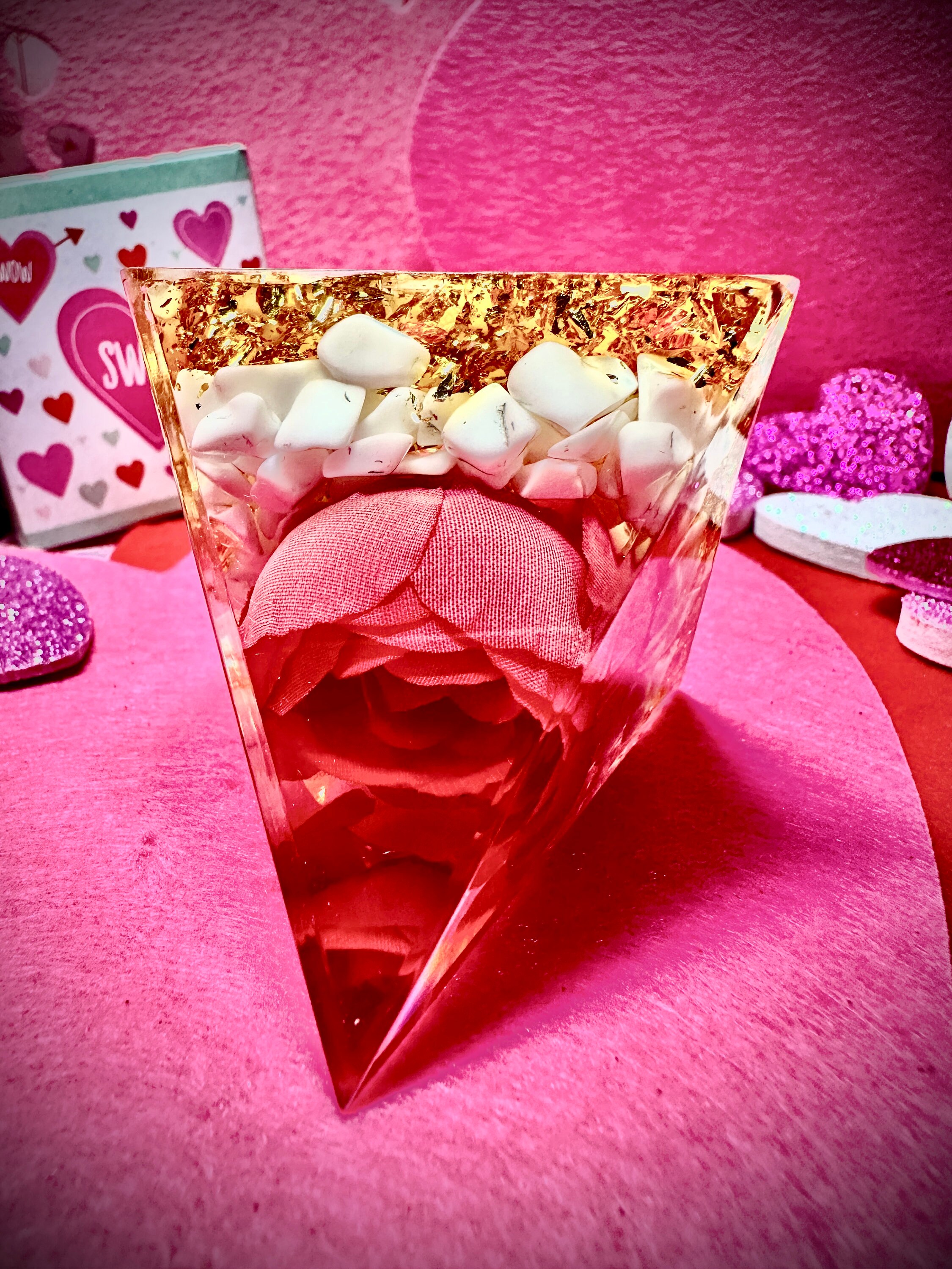 Orgone Glass Pyramid With Rose Resting on White Turquoise Pyrite ...