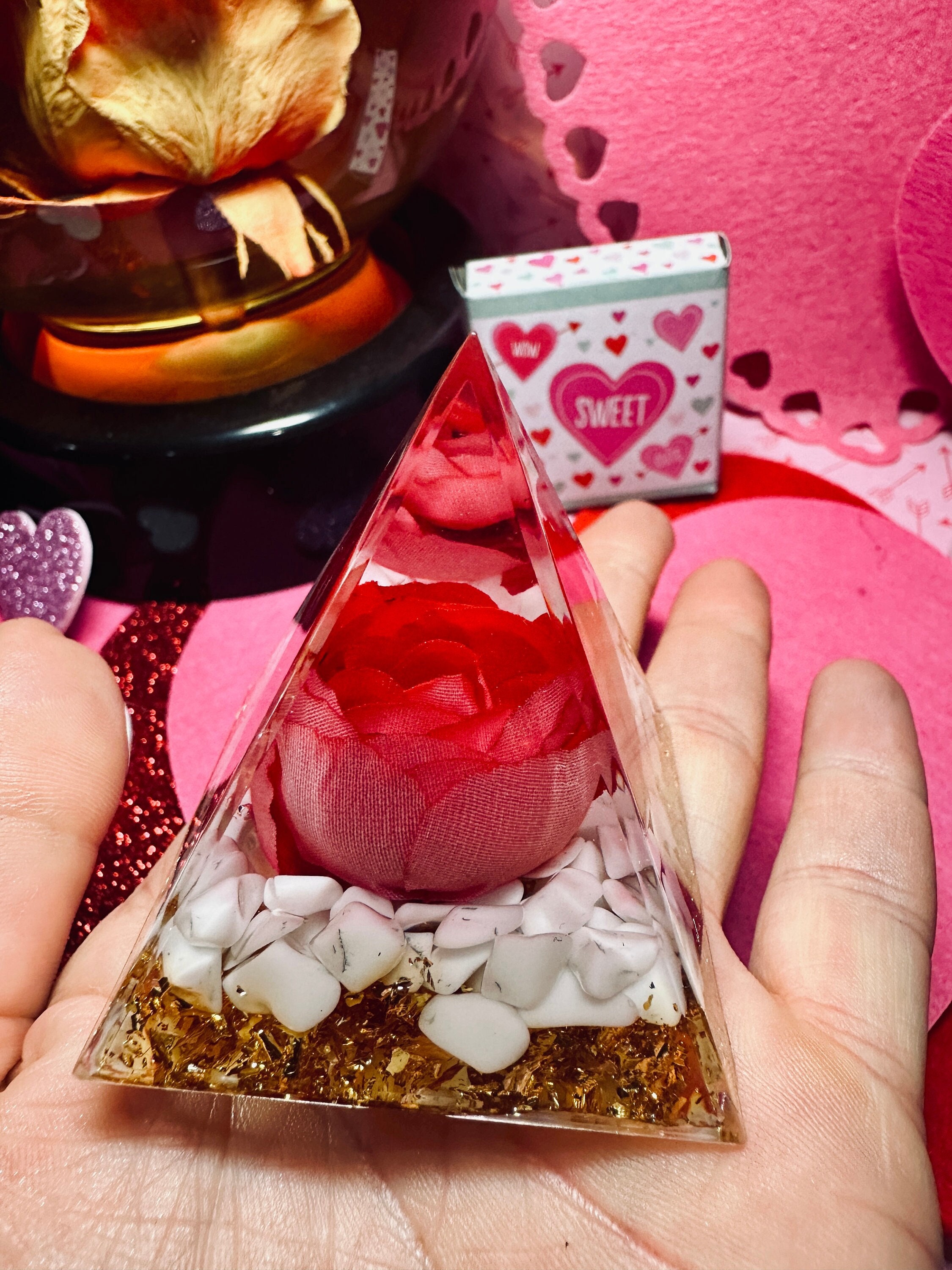 Orgone Glass Pyramid With Rose Resting on White Turquoise Pyrite ...