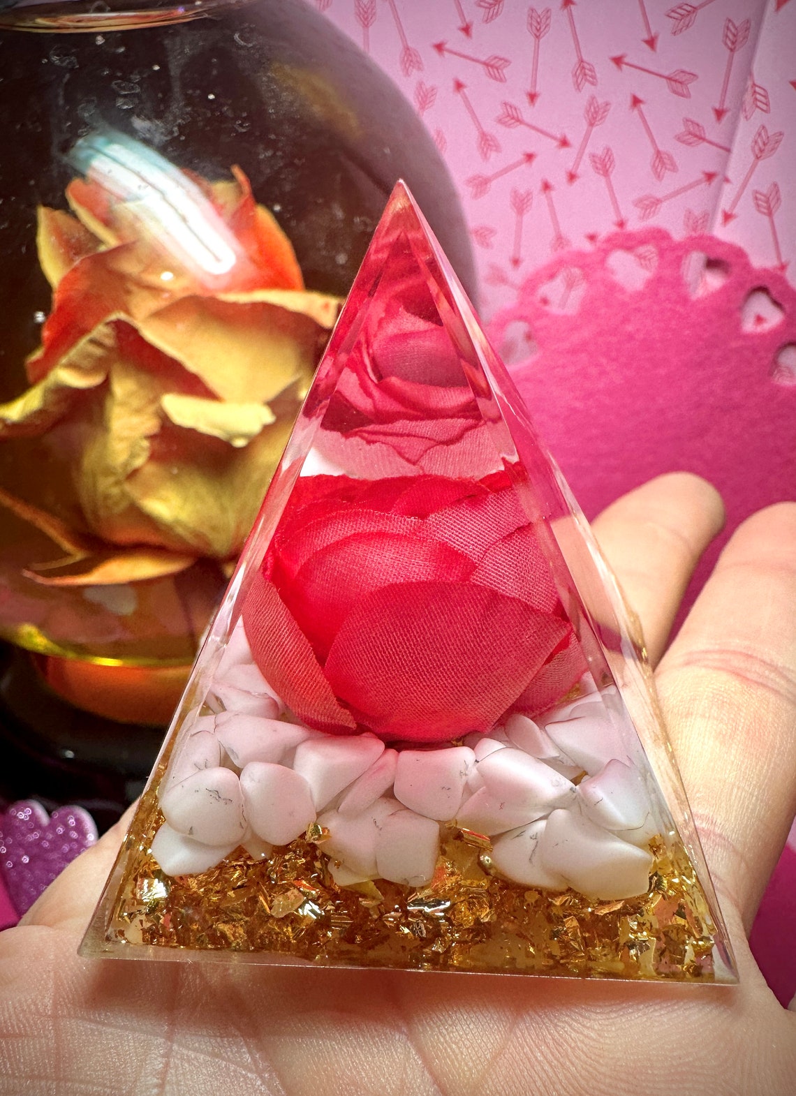 Orgone Glass Pyramid With Rose Resting on White Turquoise Pyrite ...