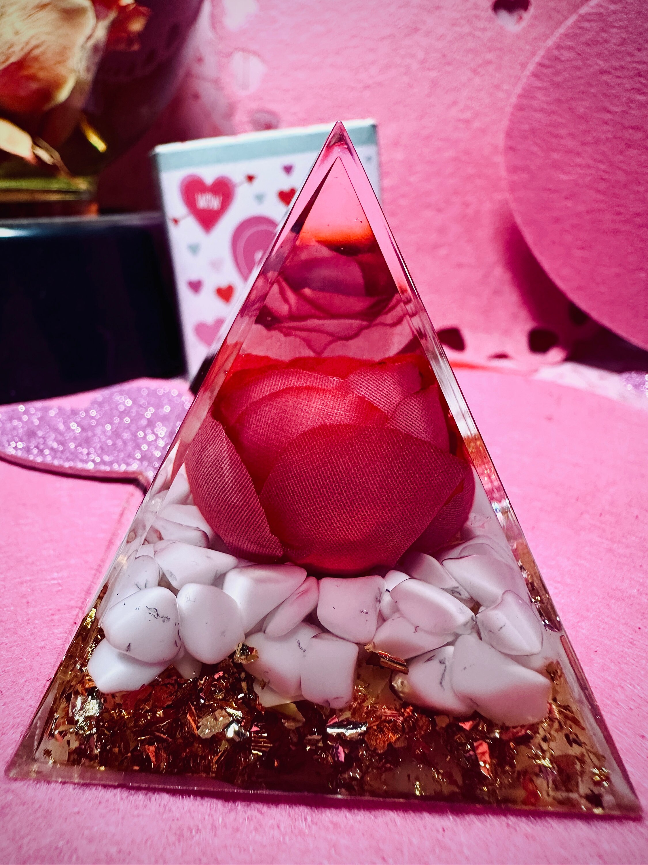 Orgone Glass Pyramid With Rose Resting on White Turquoise Pyrite ...