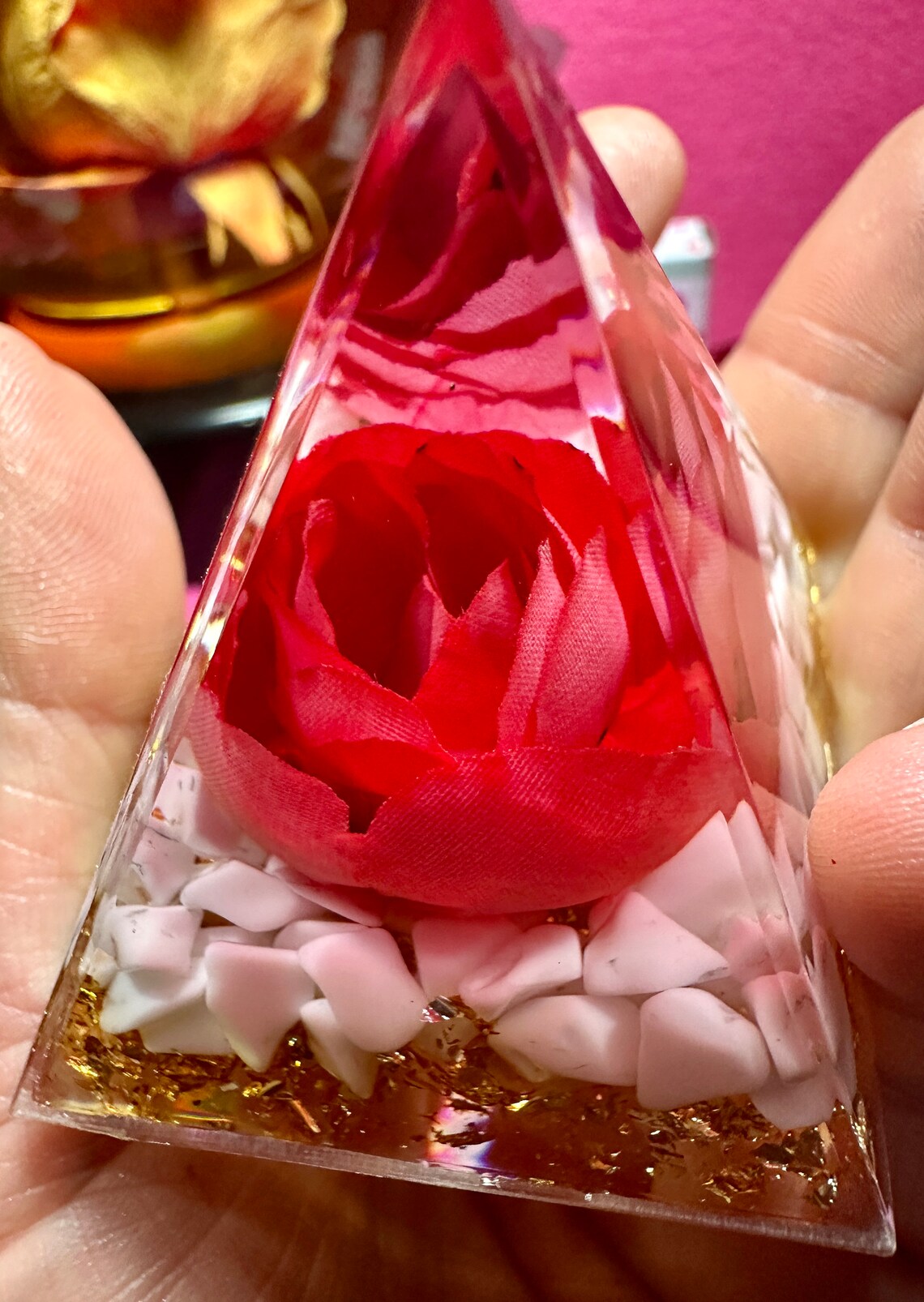 Orgone Glass Pyramid With Rose Resting on White Turquoise Pyrite ...