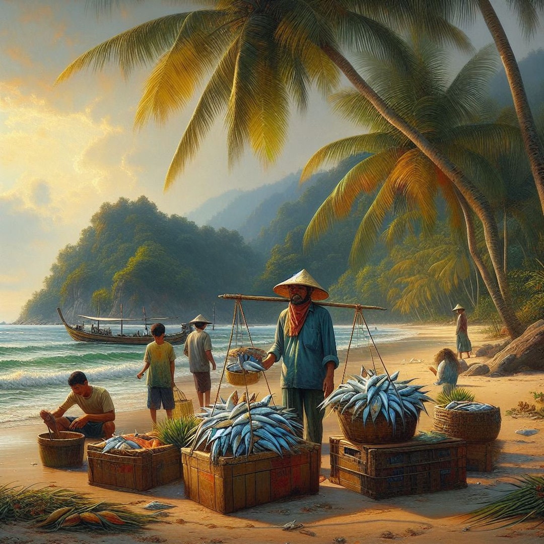 The Oil Painting of Malaysian Fishermen Were Selling the Fresh Fishes ...