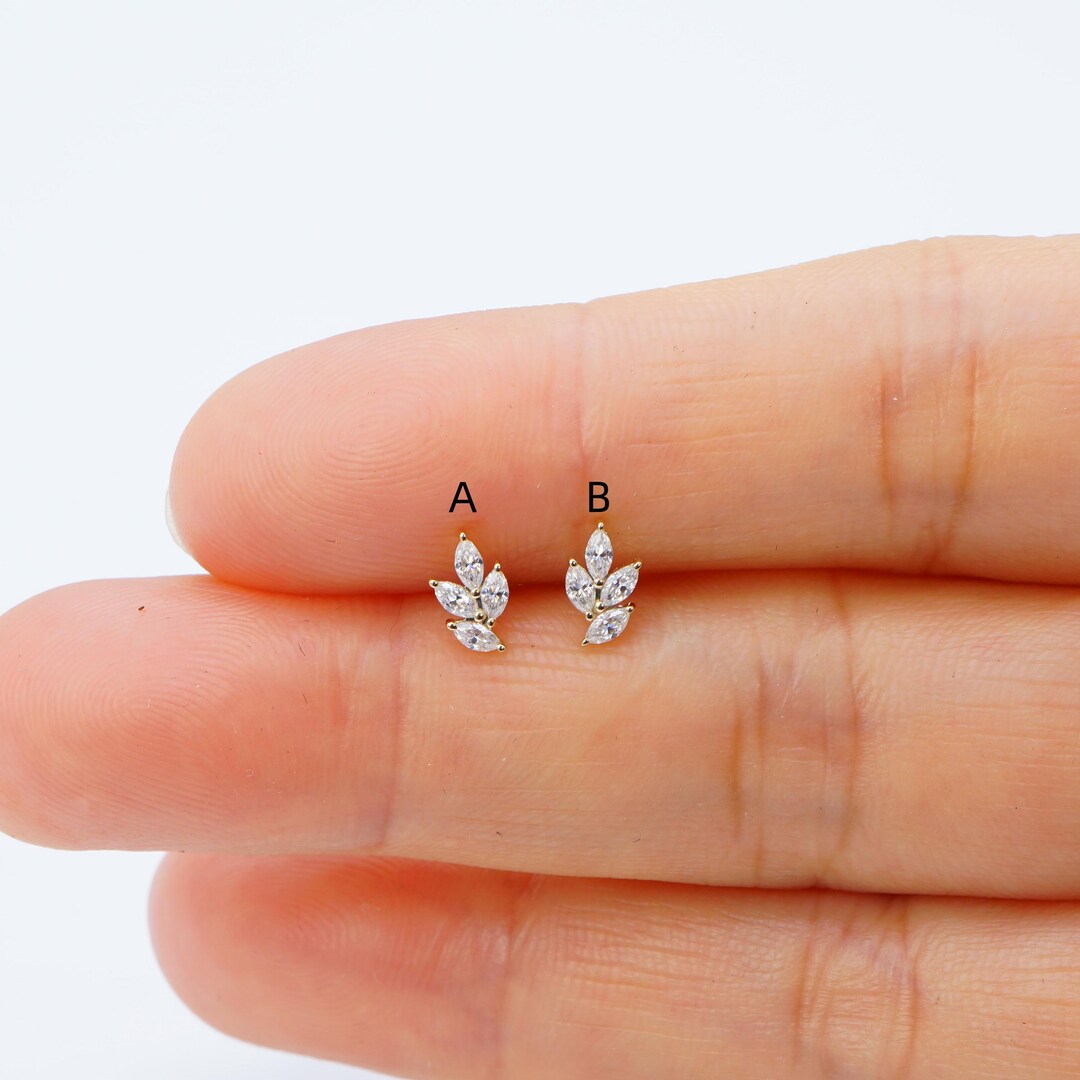 14K Solid Gold Marquise Lab Diamond Leaf Cartilage Stud Earrings Small ...