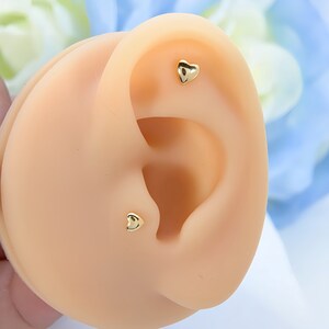 14K Solid Gold Heart Cartilage Earrings Miniature Flat Back Stud ...