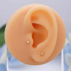 14K Solid Gold Star Burst Cartilage Stud Earrings Tiny Star Stud Threadless Push Pin Simple ...